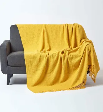 Homescapes große Tagesdecke Nirvana, gelb, Wohndecke/Sofaüberwurf aus 100% Baumwolle, 225 x 255 cm, Knoten-Optik mit Fransen