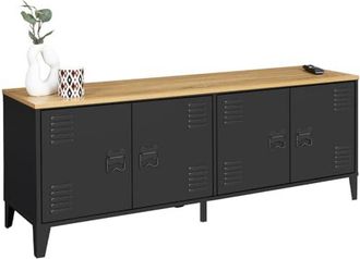 IDMarket Buffet Bas 140 cm Ester 4 Portes m&eacute;tal Noir et Plateau Bois Design Industriel