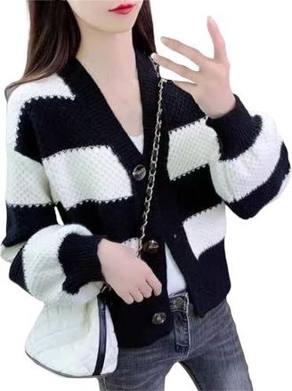 Generic Cardigan ray&eacute; en crochet pour femme - Esth&eacute;tique - L&eacute;ger - Pour le travail - Chic, Pull noir, Taille XS