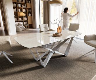 DELIFE Esstisch Edge Boot 200x100 cm Keramik Onyx Champagne Spider Metall Wei&szlig;, Esstische