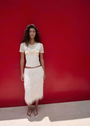 Mango Jupe midi &agrave; texture fils blanc cass&eacute; - Femme - 34 - MANGO