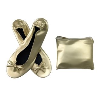 Minetom Damen M&auml;dchen Faltbare Ballerina Bequem Flache Ballerinas Casual Komfort Weich PU Leder Party Hochzeit Schuhe mit Tragetasche A Champagne 39/40 EU