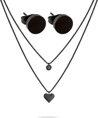 Liebeskind BERLIN Schmuck-Set - Schwarze Ohrstecker und Layering-Kette mit Herzanh&auml;nger - IP Schwarz - Venezianerkette verstellbar bis 45 cm - wasserfest & hautf