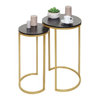 Mendler 2er-Set Beistelltisch HWC-K46, Kaffeetisch Nachttisch Loungetisch, Marmor-Optik MDF - schwarz-Gold