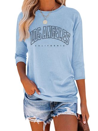 TOMWELL T-Shirt Damen 3/4 Arm Shirt Rundhals Grafik Druck Tshirt Sommer Leichte Pullover Oberteile B Hellblau XL