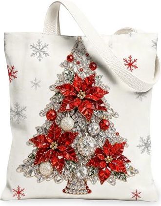 Generic Sac fourre-tout en toile motif sapin de No&euml;l, sac de courses r&eacute;utilisable, vintage, &eacute;l&eacute;gant, l&eacute;ger, lavable, blanc, 13x15 Inch