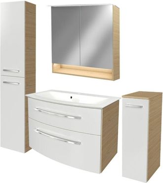 Fackelmann b.style Badm&ouml;bel Set mit Waschbecken mit Unterschrank 80 cm breit - LED-Spiegelschrank - Midischrank und Hochschrank in Wei&szlig; mit Holz