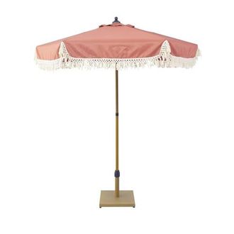Sweeek Parasol HOSSEGOR droit &agrave; franges 2m. terracotta. acier. m&acirc;t effet bois. UPF 30+. D 200 x H 225 cm