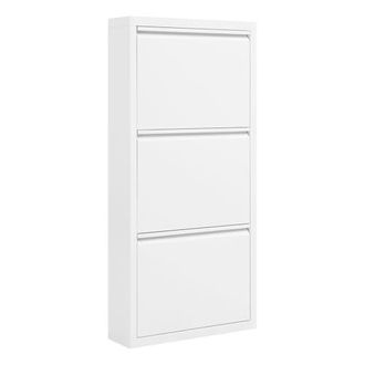 Woltu Armoire Chaussure, Meuble Chaussure, avec 3 Étagères, 3 Portes Abattantes, sans Montage, Blanc, en Métal