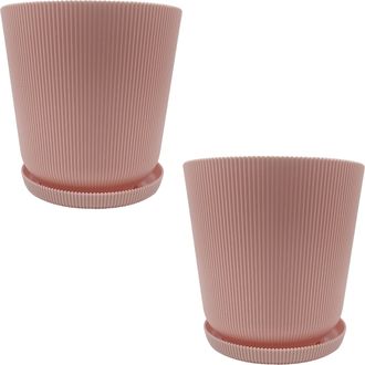 Relaxdays Blumentopf, 2er Set, Pflanztopf mit Untersetzer, Rillen, H x D: 20 x 20 cm, Kr&auml;utertopf, Kunststoff, Altrosa