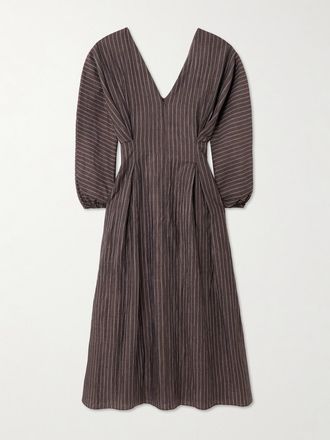 Abadia Amaya Midikleid Aus Einer Gestreiften Leinenmischung Mit Falten - Braun