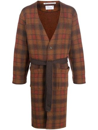 White Mountaineering cardigan ceintur&eacute; &agrave; carreaux - Marron