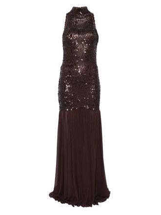 Atu Body Couture robe mi-longue brodée de sequins à col montant - Marron