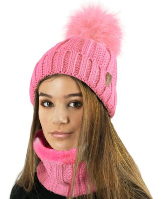 TOSKATOK Ladies Womens Winter Rib Seed Stitch Beanie Bobble Hat with Warm Cosy Fleece Liner & Large Faux Fur Pom Pom-Rose Set