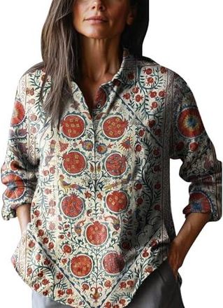 Generico Chemise Femme D&eacute;contract&eacute;e Manches Longues Chemisier Coton Et Lin Courb&eacute; Grande Taille Chemises Col V Mode T Shirt Vintage Fantaisie avec Boutons Clas