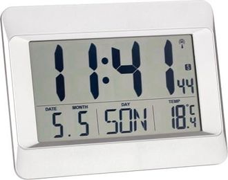 TFA Dostmann 60.4519 Horloge murale num&eacute;rique radio-pilot&eacute;e avec temp&eacute;rature int&eacute;rieure, jour de la semaine (8 langues), date, r&eacute;glage du fuseau horaire, plastique