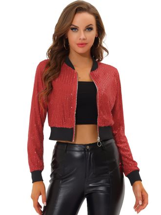 Allegra K Damen Pailletten Jacke Langarm Reißverschluss Crop Glitzer Sequin Bomberjacke Rote XL
