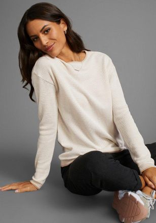 Laura Scott Rundhalspullover leichter Feinstrick mit Waffelmuster und dezenten Rollkanten