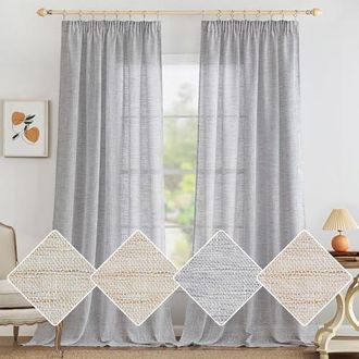 Miulee Rideau Voilage Lin Salon Naturel Voile Rideaux en Lin Chambre Moderne Transparent Translucide Int&eacute;rieurs Galon 140x260 cm Lot de 2 Riz Blanc Gris