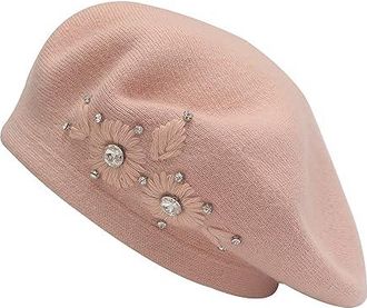 ZLYC Femmes Classique Francais Cachemire Chapeau de Béret avec Décor Floral(Fleurs brodées Roses),Taille Unique