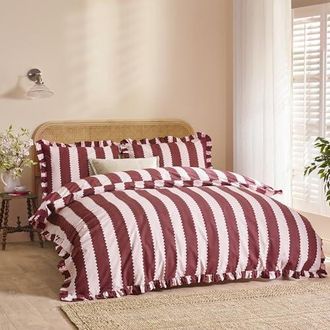 furn. Wylder Birdie Stripe Bettbezug Set - Wendbar Ger&uuml;scht Baumwollreich Gestreift Bettw&auml;sche (Burgunder/Bl&uuml;te - 230x220cm)