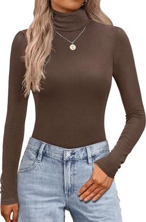 Zeagoo Haut Thermique Femme col Roul&eacute; &agrave; Manches Longues sous Pull Basique Tshirt col Rouler Marron