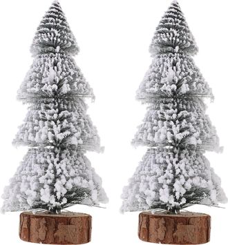 Cabilock 2Stück Mini Grün Tannenbaum Mini Weihnachtsbaum Desktop Weihnachtsbäume Gefrostete Sisalbäume mit Holzbasis Naturgetreuer Christbaum mit Schnee-Effek 
