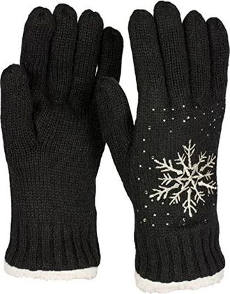 styleBREAKER Gants pour femmes avec flocon de neige brod&eacute;, strass et polaire, gants tricot&eacute;s chauds et thermiques pour lhiver 09010020, couleur:Noir