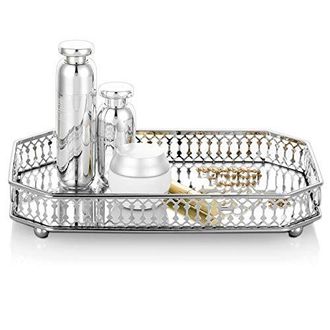 Nuptio Plateau de maquillage miroir argent&eacute;, 29 cm de long, miroir d&eacute;coratif pour cosm&eacute;tiques, parfum, commode, salon, salle &agrave; manger, d&eacute;coration de table