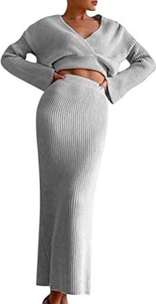 Minetom Robe en Tricot Femme 2 Pièces Ensembles Col en V Manches Longues Pullover Haut et Jupe Pull Robe Tricotée B Gris L