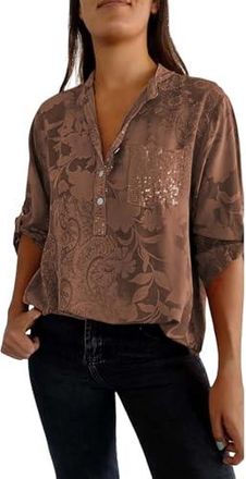 Generic Chemise boutonn&eacute;e pour femme - Chemise d&eacute;contract&eacute;e &eacute;l&eacute;gante &agrave; manches longues &agrave; motif floral, style textur&eacute; &agrave; col, id&eacute;ale pour le travail ou comme t-