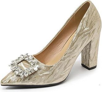 Generic Escarpins &agrave; bout pointu et talon carr&eacute; pour femme avec strass et boucle carr&eacute;e, dor&eacute;, 40.5 EU