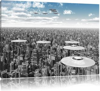 Pixxprint UFO´s über der Stadt, Größe: 80x60cm, Leinwandbild, fertig gespannt, Wandbild, Dekoration, Kunstdruck, kein Poster