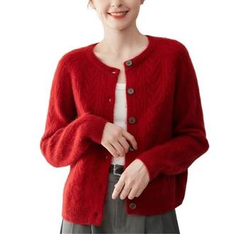Generic Pull en tricot 100 % cachemire pour femme - &Eacute;pais - Chaud - Col rond - Fleur torsad&eacute;e, Rouge fugu, Taille S