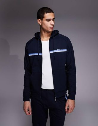 Boss Orange by Hugo Boss BOSS Bodywear - Authentic - Lounge-Kapuzenpullover in Marineblau mit Streifen und Logo