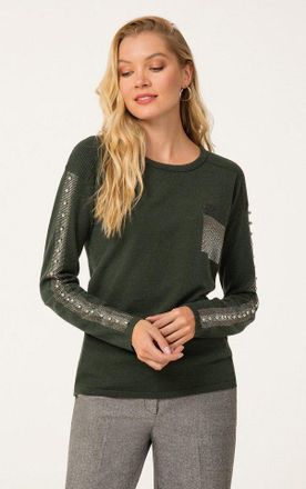 Passioni Strickpullover in Dunkelgr&uuml;n mit Glitzerdetails