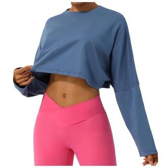 Generic 2026 - Sweat-shirt court Preppy à manches longues pour femmes, T-shirts courts athlétiques amples 2024, bleu, XL