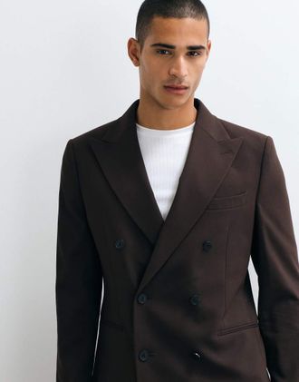 Asos schmal geschnittene zweireihige Anzugjacke in Dunkelbraun