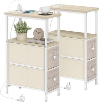 HOMCOM 2er Set Beistelltische mit Stecker, Schmale Beistelltische mit Steckdose, USB-Anschluss, USB-C-Anschluss, 2 Stoffschubladen, offenes Regal, f&uuml;r Wohnzi