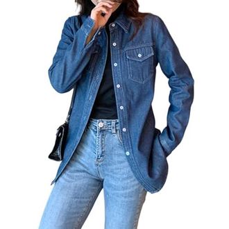 Generic Chemise en jean &agrave; manches longues boutonn&eacute;e pour femme - Confortable - Doublure en polaire - D&eacute;contract&eacute;e - Haut confortable, noir fonc&eacute;, XXL