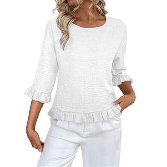 Generic Haut &agrave; manches 3 quarts en lin pour femme, chemisiers d&eacute;contract&eacute;s &agrave; col rond, chemises &agrave; &eacute;paules tombantes de couleur pure, haut tendance &agrave; ourlet &agrave; 