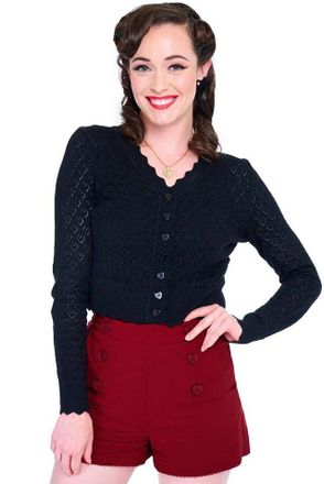 Voodoo Vixen Strickjacke Scalloped Edge Heart Knit Schwarz Retro Vintage Cardigan Herzmuster