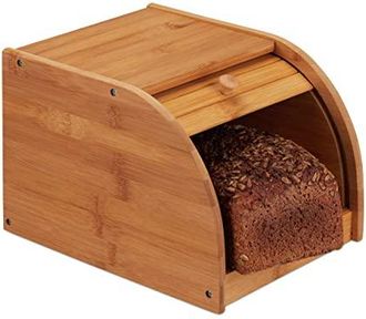 Relaxdays Brotkasten Bambus, rollbare Frontklappe, aromadichte Brotaufbewahrung, Rollbrotkasten, HBT: 18x20x27 cm, natur, Braun