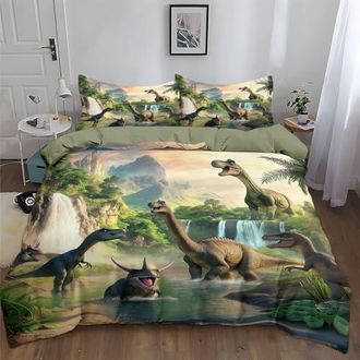 Generic Dinosaure Dessin Anim&eacute; Housse de Couette 1 Personnes 140 x 200 cm pour Ado Fille Enfants, Cascade For&ecirc;t Parures de Lit Hypoallergique en Microfibre av
