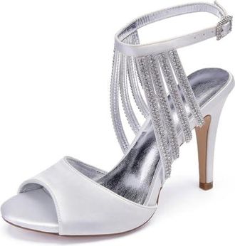 Generic Satin Chaussures De Mariage Sandales &Agrave; Talons Hauts Femmes Mari&eacute;e Bout Ouvert Dress F&ecirc;te Stylet 10.5Cm,Blanc,37 EU