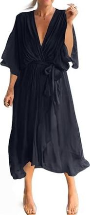 Generic Keepholdon Robe de soirée élégante à volants et col en V pour femme, robe longue à volants en mousseline de soie, jupe trapèze, Noir, 4XL