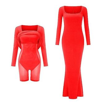 Generic Robe moulante pour femmes &agrave; couleur unie avec coussinets int&eacute;gr&eacute;s, sous-v&ecirc;tements de mise en forme du corps 8 en 1, robe longue d&eacute;contract&eacute;e &agrave; manches