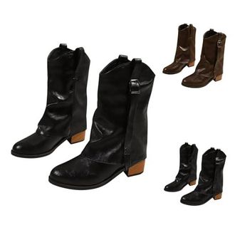 Generic Bottes pliantes pour femme - Bottes mi-mollet souples à talon épais - Chaussures à enfiler - Bout rond - En caoutchouc antidérapant - Chaussures dhive