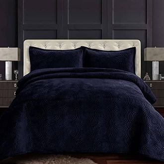 Tribeca Living &Uuml;bergro&szlig;e Samt-Steppdecke, 3-teiliges King-Size-Bett-Set, 260 g/m&sup2;, weicher gesteppter Samt, enth&auml;lt eine Steppdecke und Zwei Kissenbez&uuml;ge, Indigo