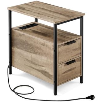 Vasagle Table dAppoint avec Prise Int&eacute;gr&eacute;e, 2 Tiroirs, pour Salon et Chambre, Marron Camel et Noir